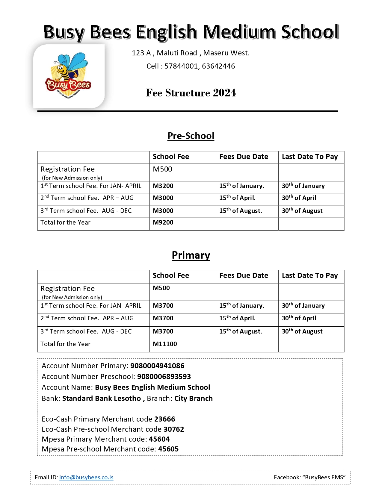 Fee Structure - BUSY BEES ENGLISH MEDIUM SCHOOL